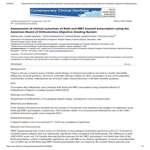Assessment of clinical outcomes of roth and mbt bracket prescription ...