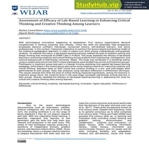Assessment Of Efficacy Of Lab-Based Learning In Enhancing Critical Thinking And Creative ...