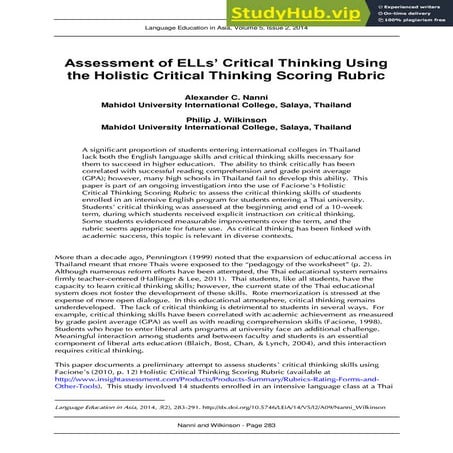 Assessment Of ELLs Critical Thinking Using The Holistic Critical Thinking Scoring Rubric | PDF