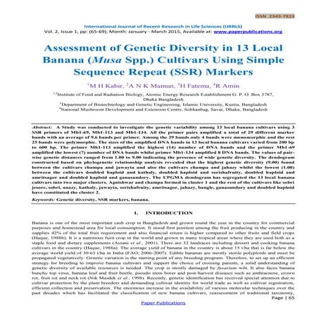 Assessment of Genetic Diversity in 13 Local Banana (Musa Spp.) Cultivars Using Simple Sequence ...