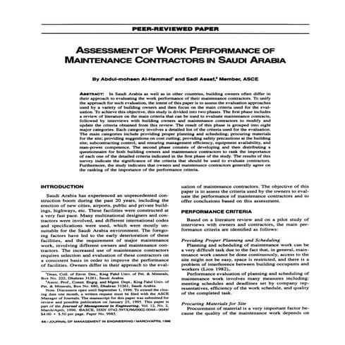 Assessment of work performance of maintenace contractors in sa hammad | PDF