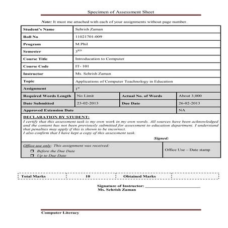 Assessment sheet | PDF