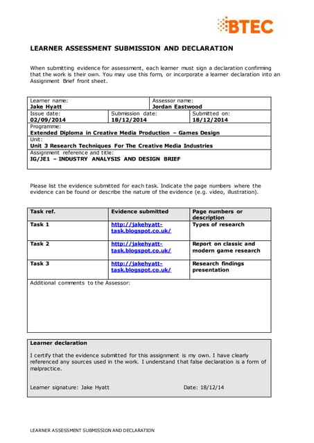 Learner assessment submission declaration research techniques | PDF