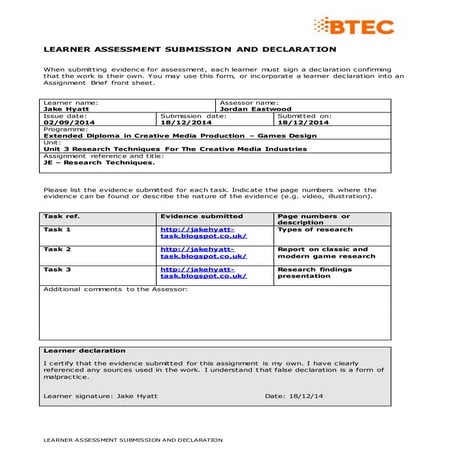 Learner assessment submission declaration