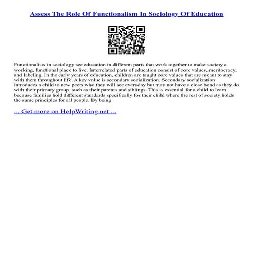 Assess The Role Of Functionalism In Sociology Of Education | PDF