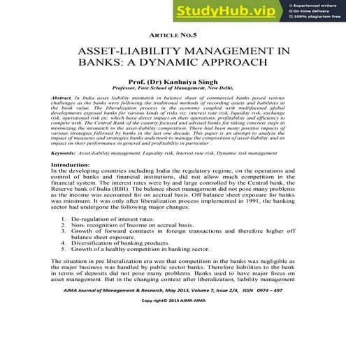 ASSET-LIABILITY MANAGEMENT IN BANKS A DYNAMIC APPROACH | PDF
