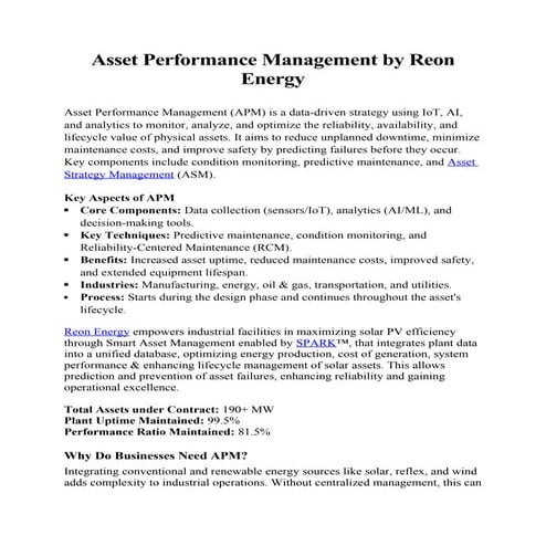 Asset Performance Management by Reon Energy | DOCX