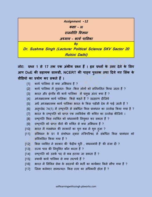 Assignment 14 The Executive Class Xi Political Science | PDF