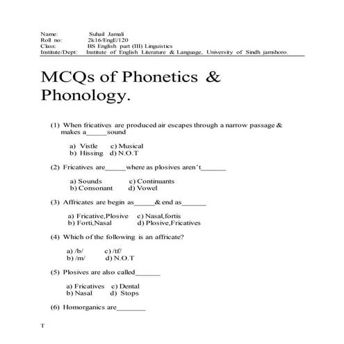 Phonetics and Phonology MCQS | DOCX