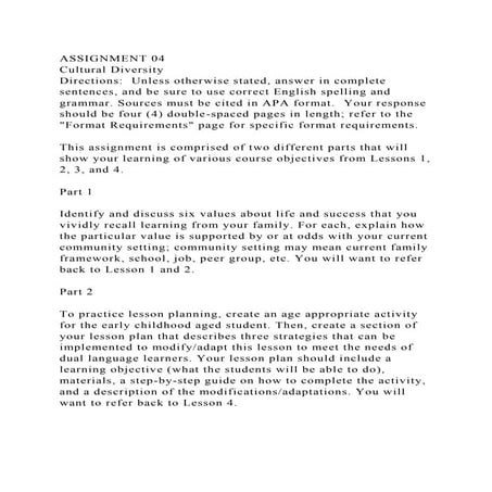 ASSIGNMENT 04Cultural DiversityDirections Unless otherwise sta.docx