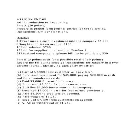 ASSIGNMENT 08A01 Introduction to AccountingPart A (20 points).docx