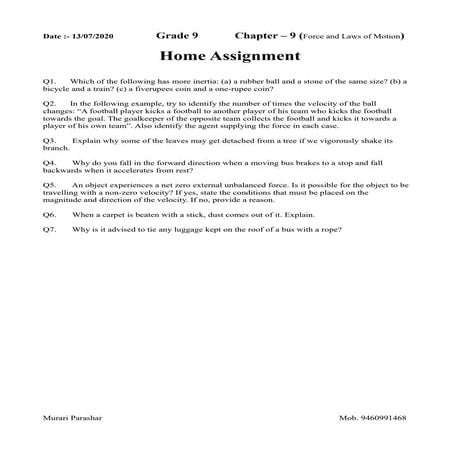 Assignment 1 (Force and laws of motion) | PDF