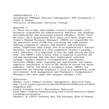 ASSIGNMENT 1 1Assignment 19Human Resource Management 300 Assig | DOCX | Human Resources | Business