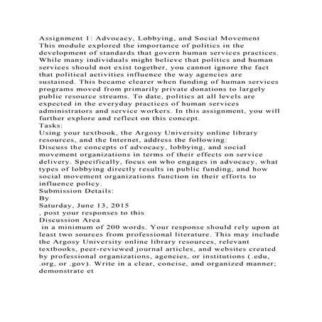 Assignment 1 Advocacy, Lobbying, and Social MovementThis module e.docx