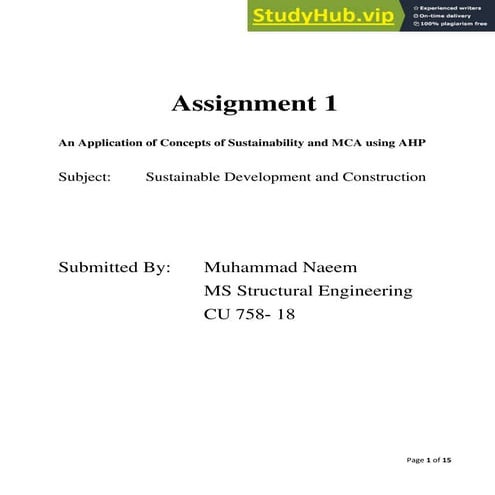 Assignment 1 An Application Of Concepts Of Sustainability And MCA Using AHP Subject Sustainable ...