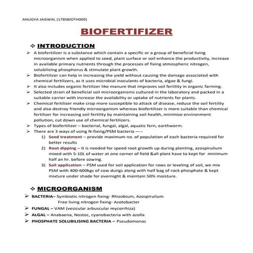BIOFERTILIZER - PRODUCTION AND APPLICATIONS | PDF