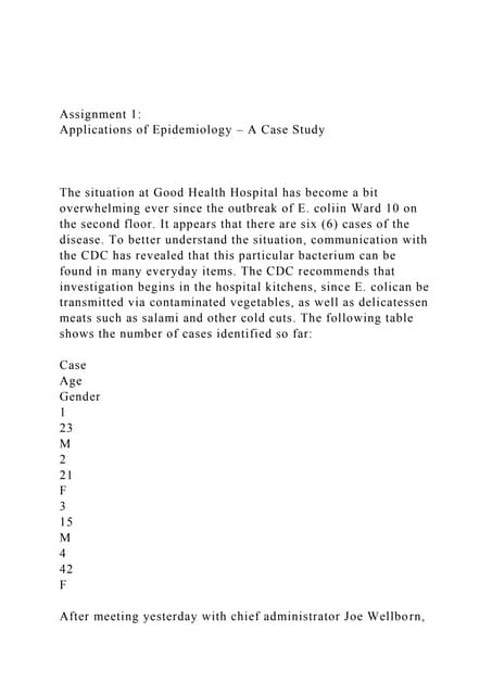 Assignment 1 Applications of Epidemiology – A Case Study Due W | DOCX