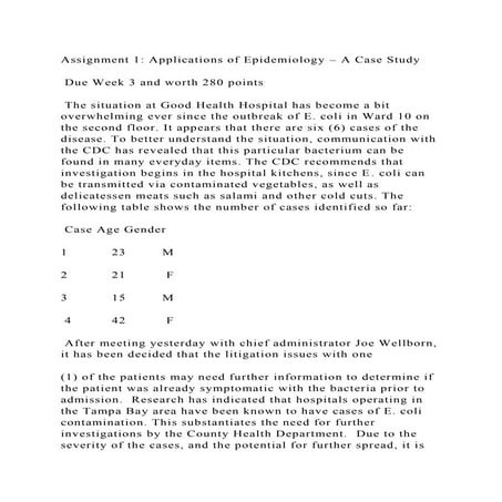 Assignment 1 Applications of Epidemiology – A Case Study Due W | DOCX