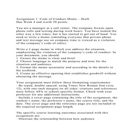 Assignment 1 Code of Conduct Memo – DraftDue Week 4 and worth 5.docx | Freelance Writing ...