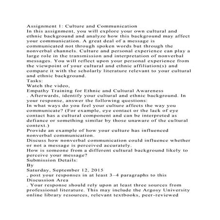 Assignment 1 Culture and CommunicationIn this assignment, you wil.docx
