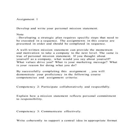Assignment 1Develop and write your personal mission statemen | DOCX