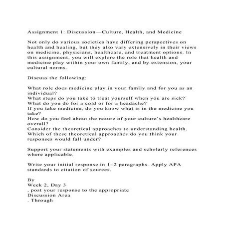 Assignment 1 Discussion—Culture, Health, and Medicine Not onl.docx