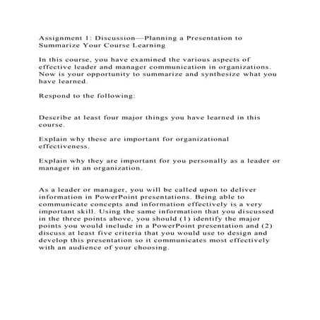 Assignment 1 Discussion—Planning a Presentation to Summarize Your C | DOCX