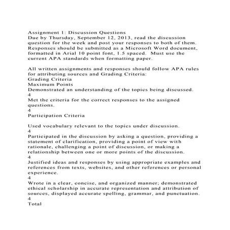 Assignment 1 Discussion QuestionsDue by Thursday, September 12,.docx ...