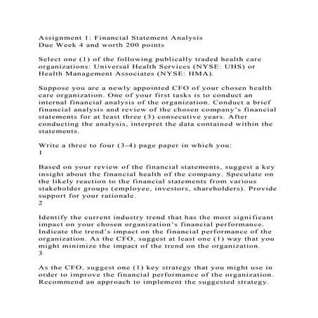 Assignment 1 Financial Statement AnalysisDue Week 4 and worth 200.docx | Health Insurance ...