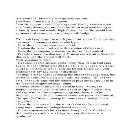 Assignment 1 Inventory Management SystemsDue Week 2 and worth 1.docx