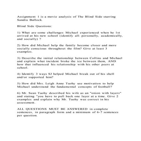 Assignment 1 is a movie analysis of The Blind Side starring Sandra B | DOCX