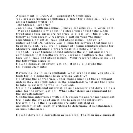 Assignment 1 LASA 2— Corporate ComplianceYou are a corporate comp.docx