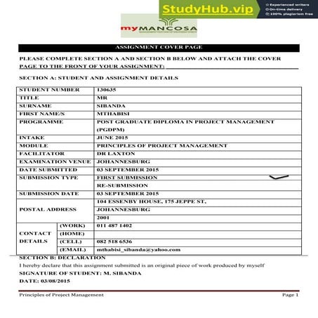 Assignment 1 Principles Of Project Management Mthabisi Sibanda MANCOSA ...