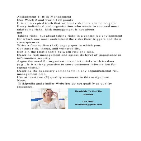 Assignment 1 Risk ManagementDue Week 2 and worth 120 pointsIt i.docx ...