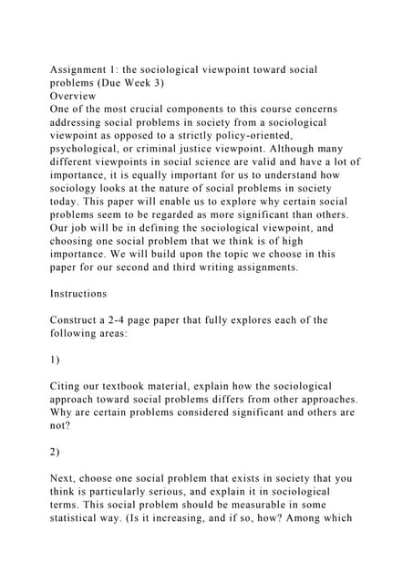 Assignment 1 The Sociological Viewpoint Toward Social Problems Duedocx