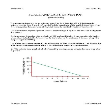 Assignment 2 (Force and laws of motion) | PDF