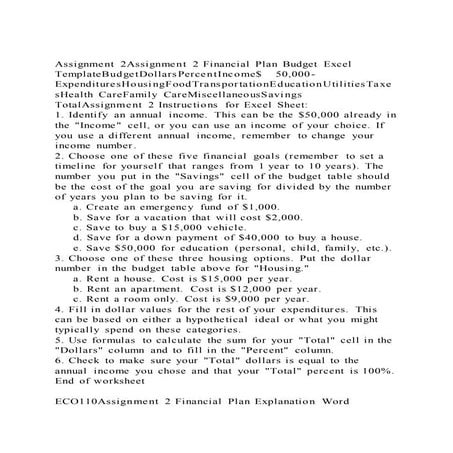 Assignment 2 assignment 2 financial plan budget excel templatebudge | DOCX