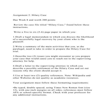 Assignment 2 Hilary Case Due Week 8 and worth 200 points .docx | Injuries | Diseases and Conditions