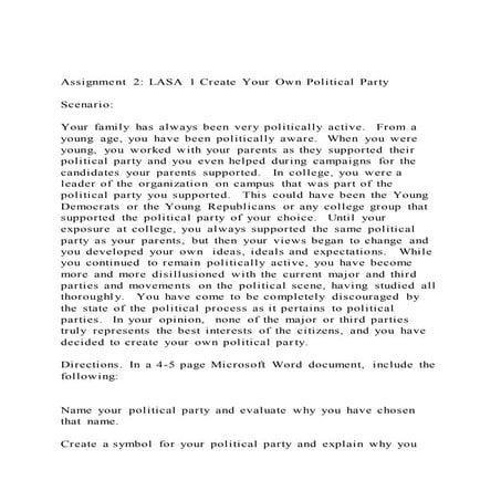 Assignment 2 LASA 1 Create Your Own Political PartyScenario | PDF