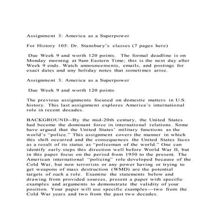 Assignment 3 America as a Superpower For History 105 Dr. | DOCX