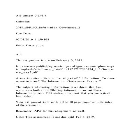 Assignment 3 and 4Calendar2019_SPR_IG_Information Governanc | PDF