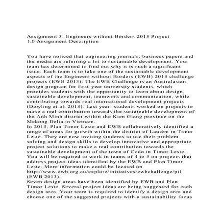 Assignment 3 Engineers without Borders 2013 Project 1.0 Assig.docx | Civil Engineering Industry ...