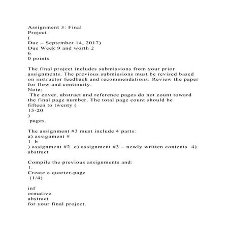 Assignment 3 Final Project (Due – September 14, 2017)Due We.docx
