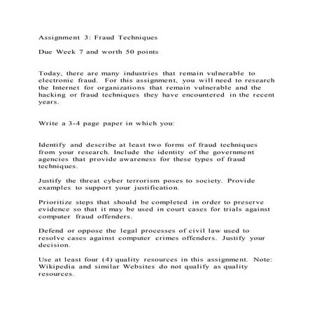 Assignment 3 Fraud TechniquesDue Week 7 and worth 50 points | DOCX