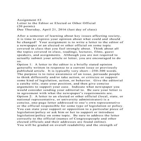 Writing Assignment 3letter To An Elected Officialnote There Docx