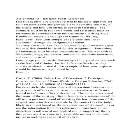 Assignment 4A Research Paper ReferencesList five academic refe.docx