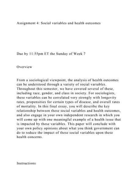 Assignment 4 Social variables and health outcomesOverview.docx