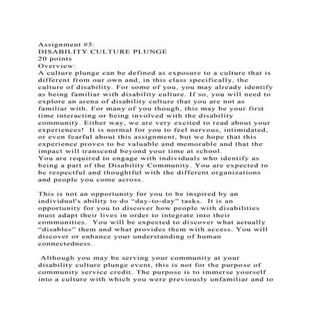 Assignment #5 DISABILITY CULTURE PLUNGE20 pointsOverview .docx