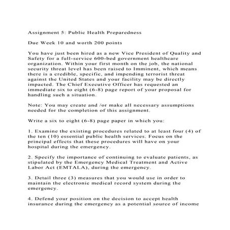 Assignment 5 Public Health Preparedness Due Week 10 and worth.docx ...