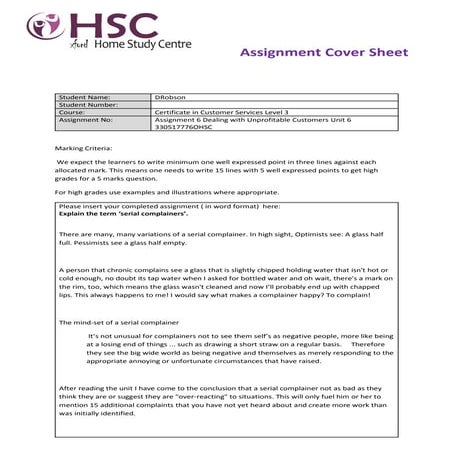 Assignment 6 dealing with unprofitable customers unit 6 330517776 ohsc ...